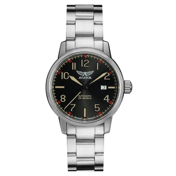 Aviator Silver Steel Black Dial Men's Automatic Swiss Made Watch ...