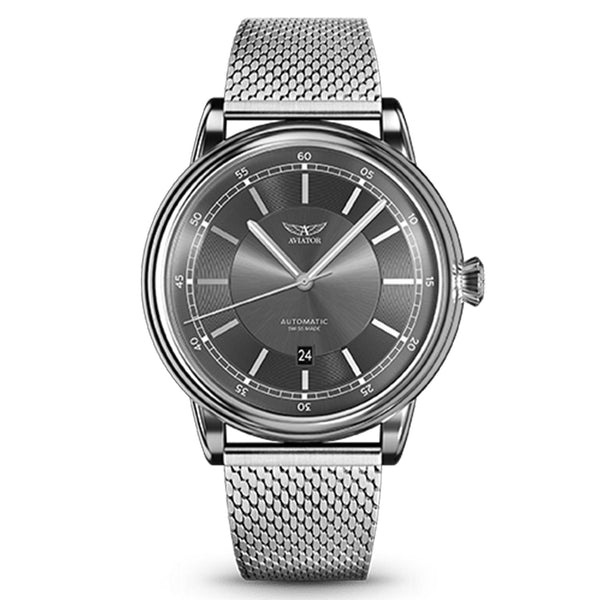 Aviator Silver Mesh Grey Dial Men's Automatic Swiss Made Watch ...